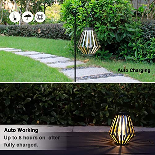 Solar Lights Lantern Outdoor,Metal Waterproof Edison Bulb Lights,Hanging Table Top Decorative Warm White Light for Garden Patio Courtyard Lawn and Fence (1 Pack)