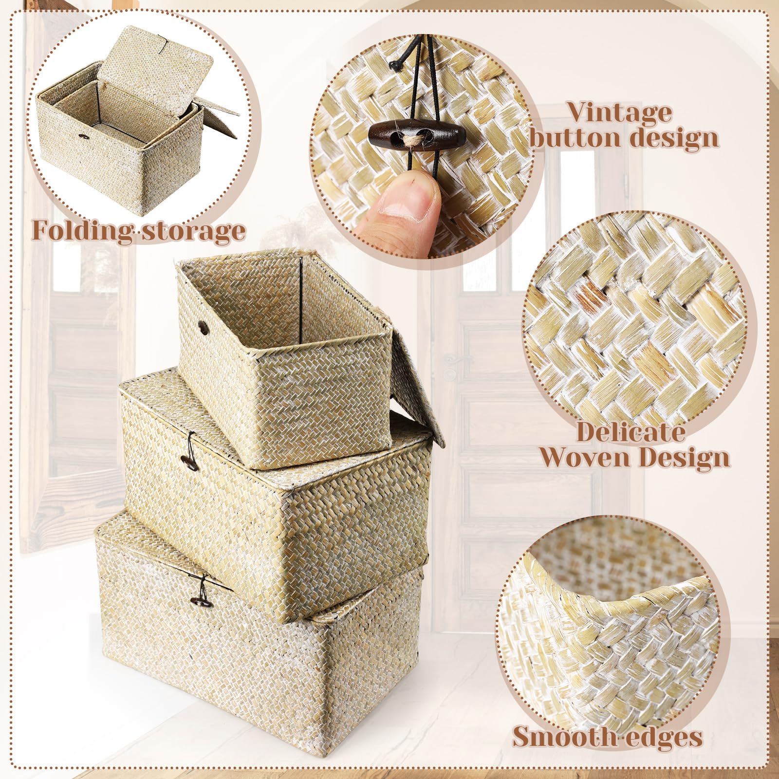 Kigley 6 Pcs Seagrass Basket with Lid Wicker Storage Decorative Boxes with Lids Bin Woven Organizer for Shelf Closet Bedroom, 6 Sizes(Classic Style,White)