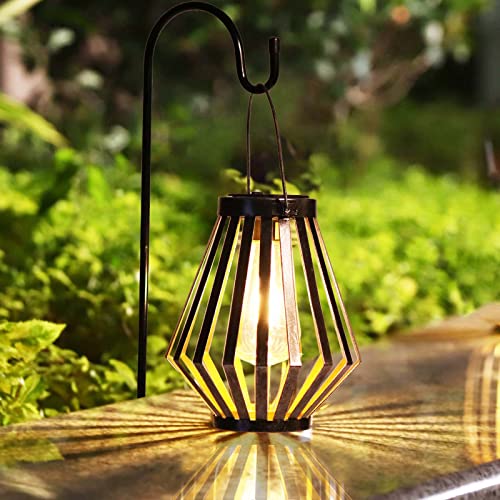 Solar Lights Lantern Outdoor,Metal Waterproof Edison Bulb Lights,Hanging Table Top Decorative Warm White Light for Garden Patio Courtyard Lawn and Fence (1 Pack)
