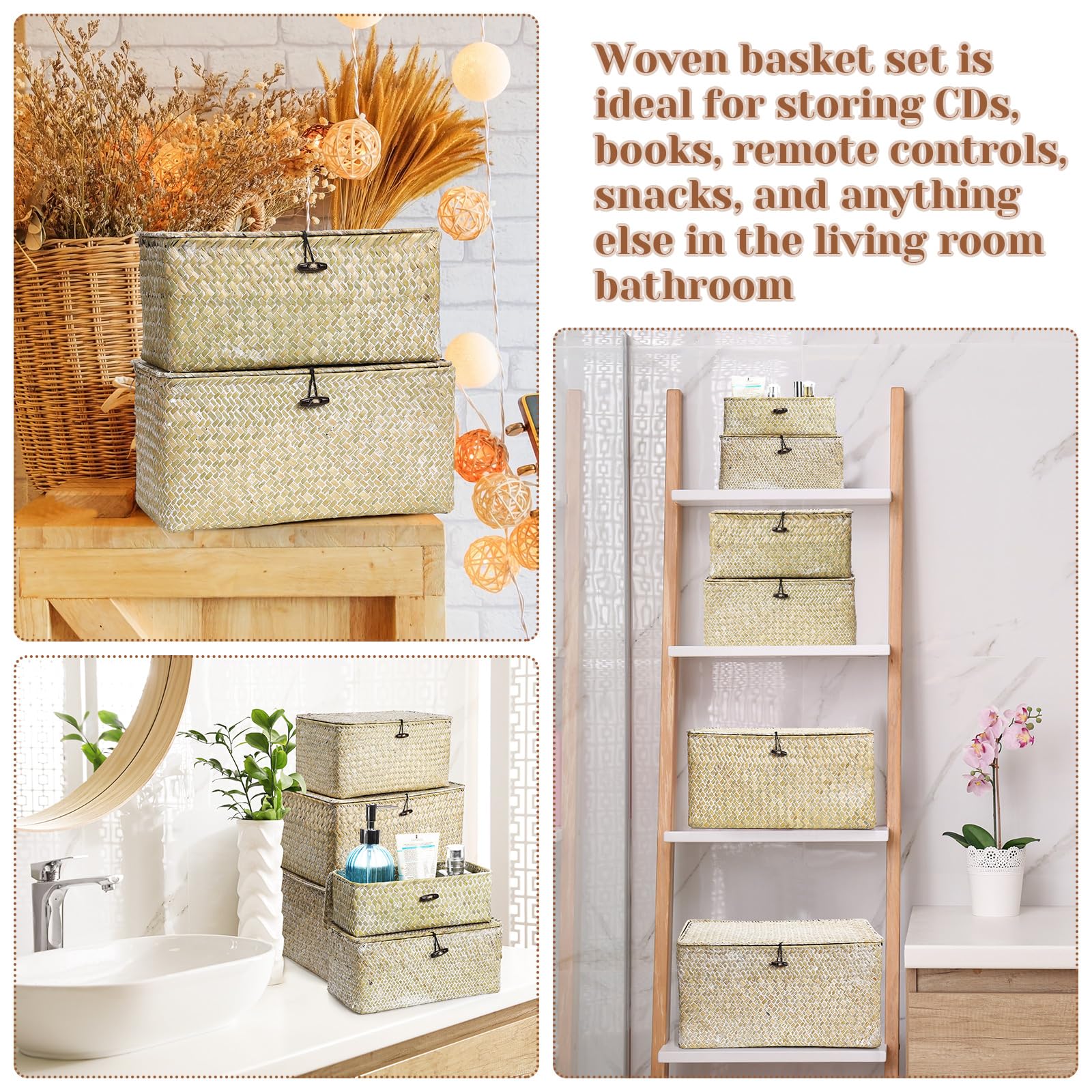 Kigley 6 Pcs Seagrass Basket with Lid Wicker Storage Decorative Boxes with Lids Bin Woven Organizer for Shelf Closet Bedroom, 6 Sizes(Classic Style,White)