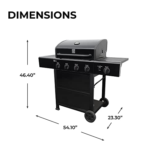 Kenmore PG-A40406S0L-1 BBQ Grill | 4-Burner Outdoor Barbecue Liquid Propane BBQ Gas Grill with Side Burner and Side Tables, 53000 BTU, Open Cart, Black