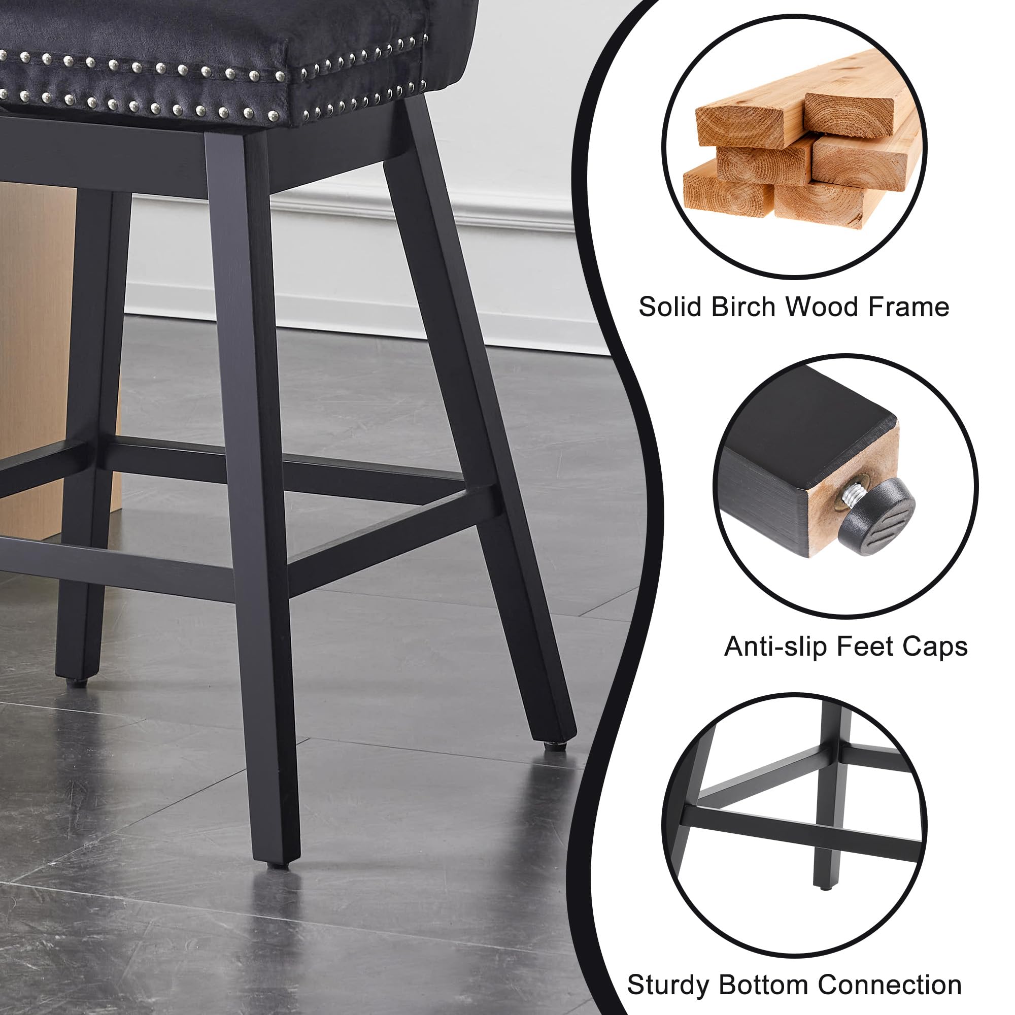 Fahomiss Swivel Bar Stools, Barstool Set of 4 with Back, Bar Height Stools, Black Barstools for Kitchen Island, Counter Height Velvet Bar Stools with Upholstered Seat, Wood Legs for Home Bar
