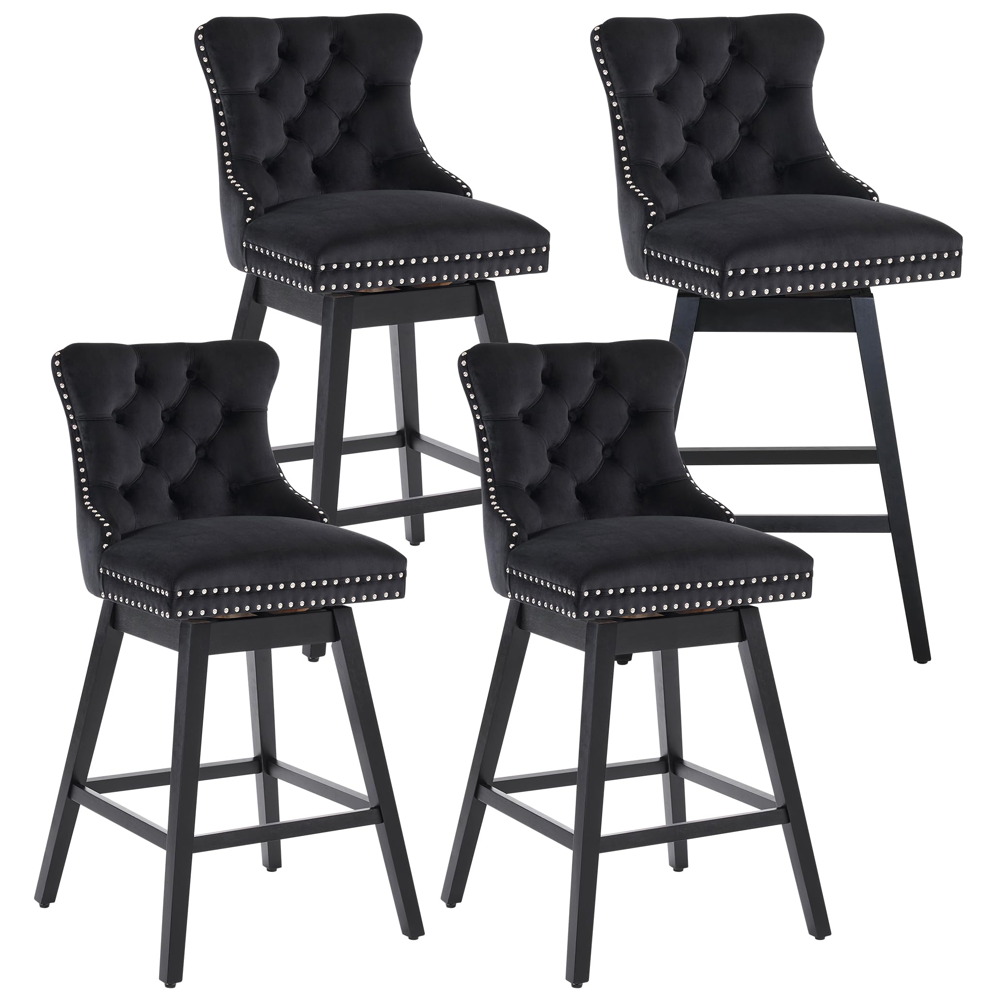 Fahomiss Swivel Bar Stools, Barstool Set of 4 with Back, Bar Height Stools, Black Barstools for Kitchen Island, Counter Height Velvet Bar Stools with Upholstered Seat, Wood Legs for Home Bar