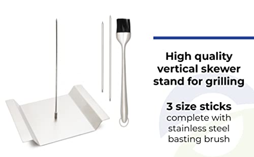 Rossbright Skewer Hack for BBQ - 3 Stick Sizes - Stainless Steel Stand for Upright, Vertical Grilling - Ideal Holder for Brazilian Meats, Gaucho Style, Chicken, Steak - Complete with Basting Brush