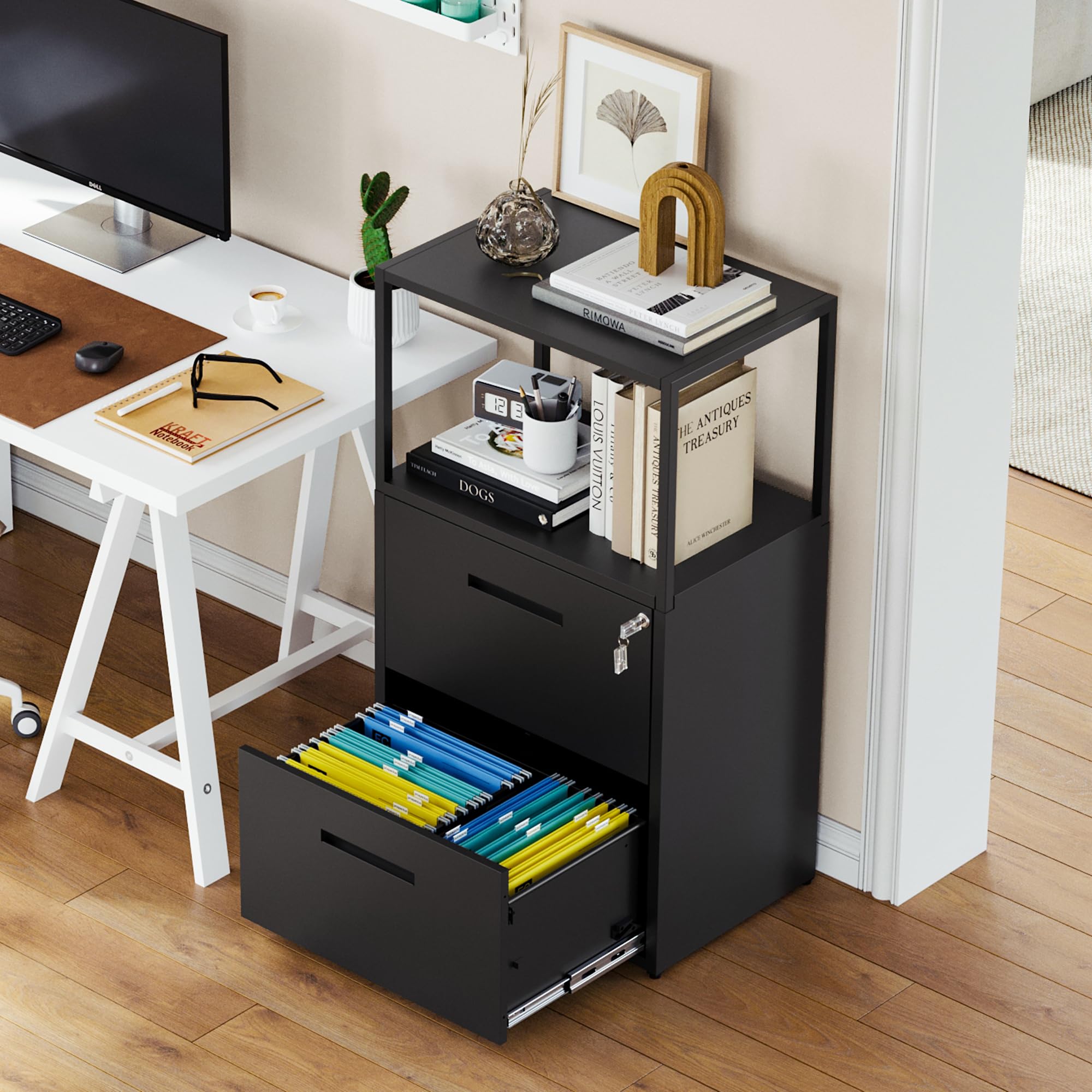 Letaya 2 Drawer Lateral File Cabinets with Lock,Metal Printer Stand Filing Organization Cabinets for Home Office,Hanging Files Letter/Legal/F4/A4 Size (Black)