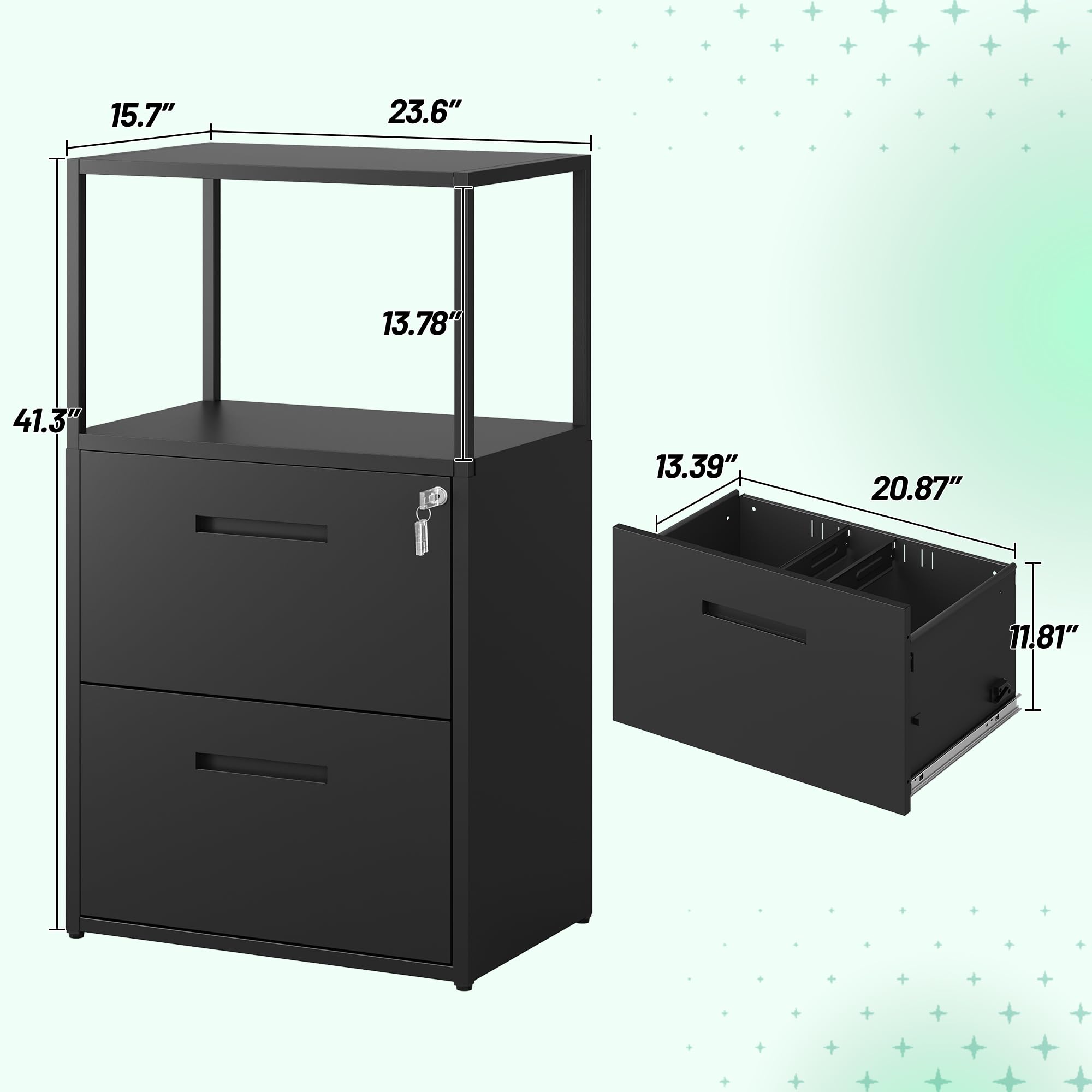 Letaya 2 Drawer Lateral File Cabinets with Lock,Metal Printer Stand Filing Organization Cabinets for Home Office,Hanging Files Letter/Legal/F4/A4 Size (Black)