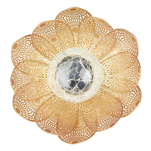 ART & ARTIFACT Lotus Solar Light Crackle Glass with Pierced Metal Base, Indoor Outdoor Accent Light Night Light Lantern, 5" x 10"