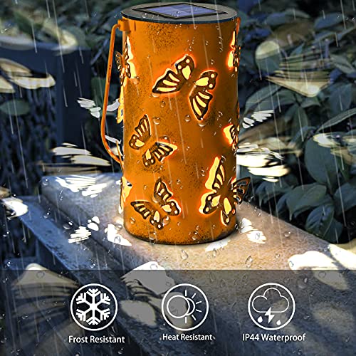 Greenidea 2 Pack Hanging Solar Lanterns Retro Solar Lights with Handle, Outdoor Solar Garden Lights Decor with Butterfly Pattern for Yard Tree Lawn Fence Patio-Yellow