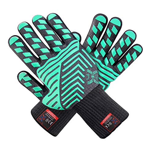 J H Heat Resistant Oven Glove:EN407 Certified 932 Β°F, 2 Layers Silicone Coating, Oven Mitts for Cooking, Kitchen, Fireplace, Grilling, 1 Pair (Regular Cuff, Black Shell with Green Coating)