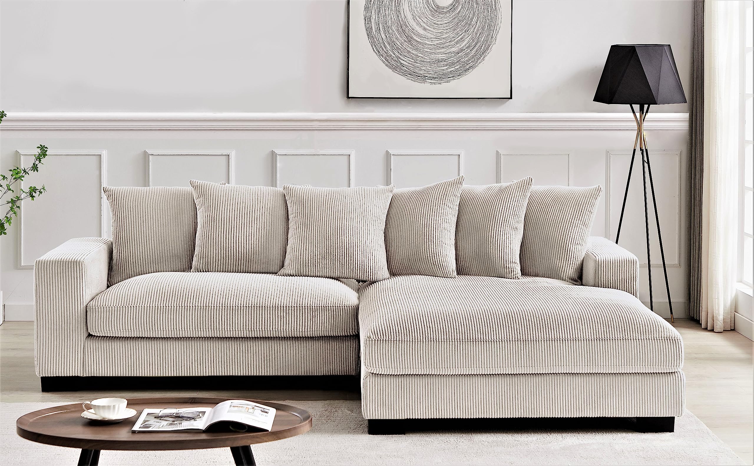 Container Furniture Direct Luxe Oversized Two-Piece Sectional Couches for Living Room, 102.4-Inch L Shaped Sofa with Chaise, Upholstered with Corduroy Fabric, Ivory - Right Facing