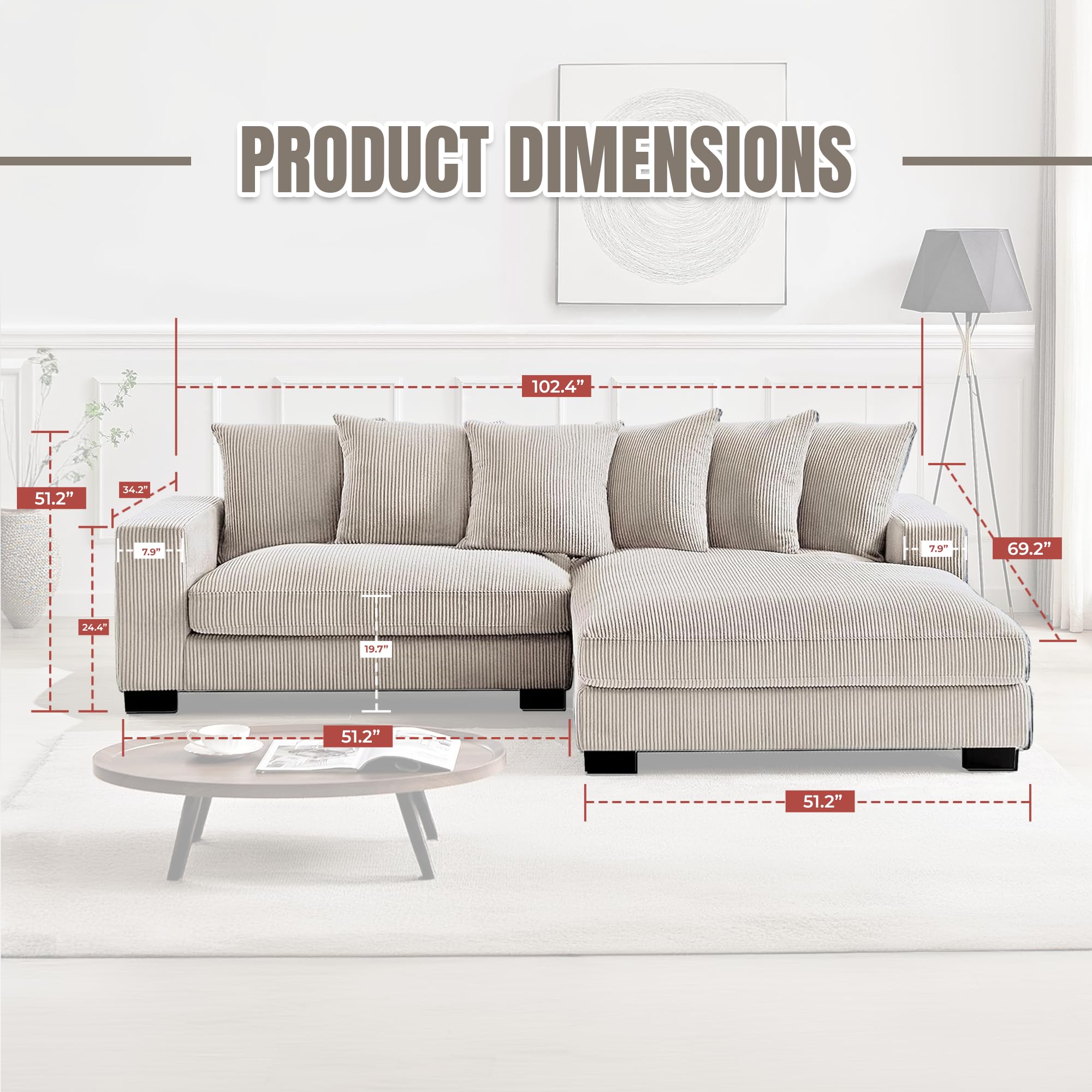 Container Furniture Direct Luxe Oversized Two-Piece Sectional Couches for Living Room, 102.4-Inch L Shaped Sofa with Chaise, Upholstered with Corduroy Fabric, Ivory - Right Facing