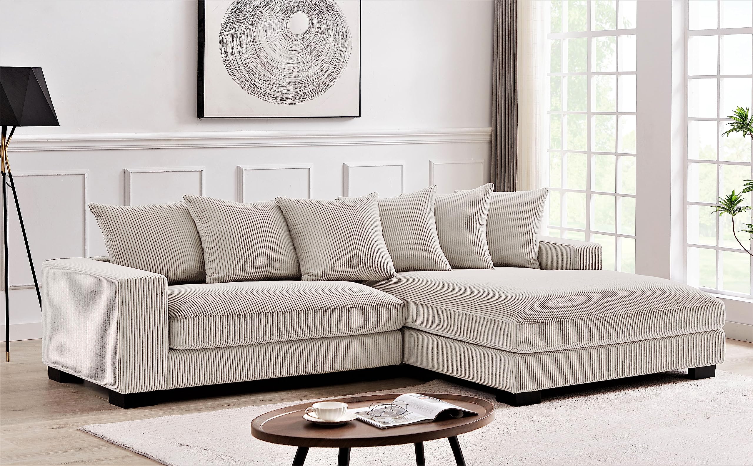 Container Furniture Direct Luxe Oversized Two-Piece Sectional Couches for Living Room, 102.4-Inch L Shaped Sofa with Chaise, Upholstered with Corduroy Fabric, Ivory - Right Facing