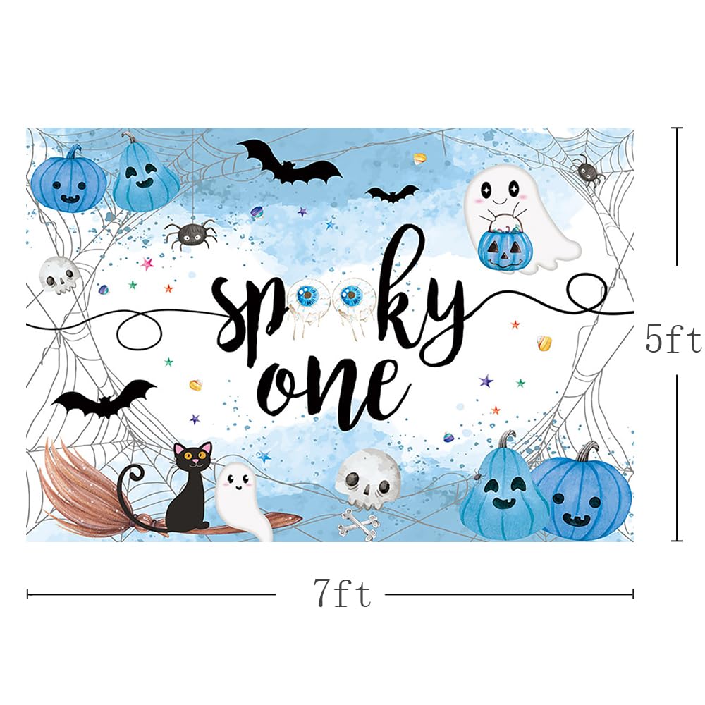MEHOFOND 7x5ft Halloween Spooky One Backdrop Blue Watercolor Little Boo Baby Shower Photography Background for Boys Bat Spider Web Blue Pumpkin Skull Ghost Photo Shoot Props