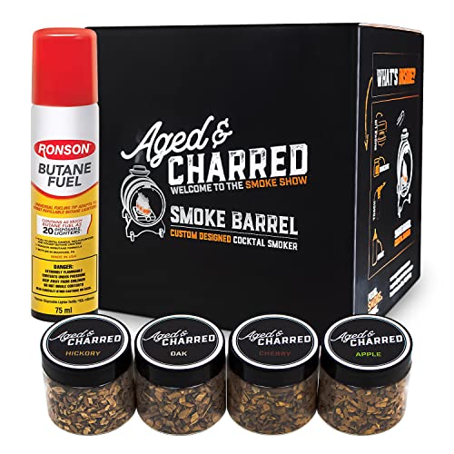 Save 10% on Aged and Charred Smoke Barrel Kit - Cocktail Smoker Kit & Wood Chips for Cocktail Smoker - Variety 4-Pack Bundle