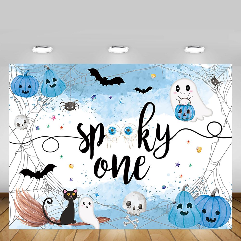 MEHOFOND 7x5ft Halloween Spooky One Backdrop Blue Watercolor Little Boo Baby Shower Photography Background for Boys Bat Spider Web Blue Pumpkin Skull Ghost Photo Shoot Props