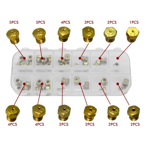 MCAMPAS Range Stove Oven Orifice Conversion Kit Propane Lp Natural Gas Brass Jet Burner Nozzle Replacement Parts M6x0.75 mm Gas Spray Tip 0.3/0.4/0/7/0.8/0.9/1.0/1.1/1.2/1.5/1.7/1.9mm Total 36PCS