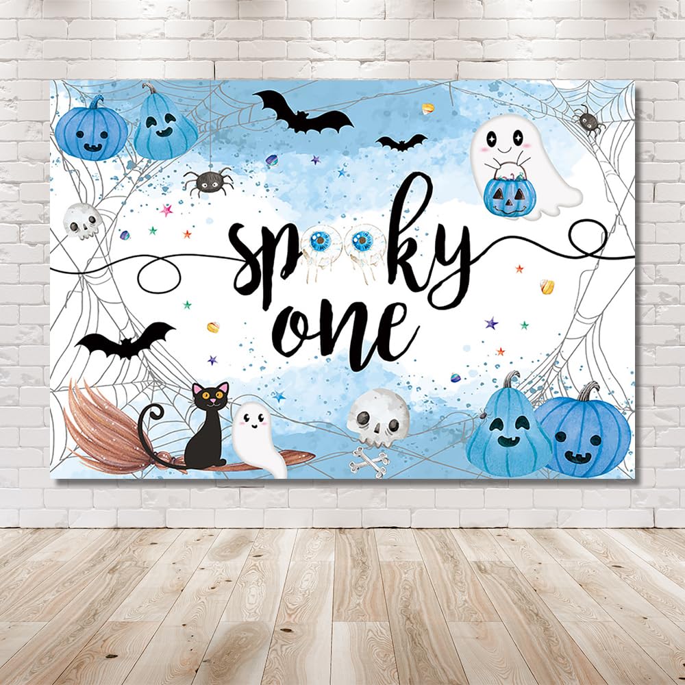 MEHOFOND 7x5ft Halloween Spooky One Backdrop Blue Watercolor Little Boo Baby Shower Photography Background for Boys Bat Spider Web Blue Pumpkin Skull Ghost Photo Shoot Props