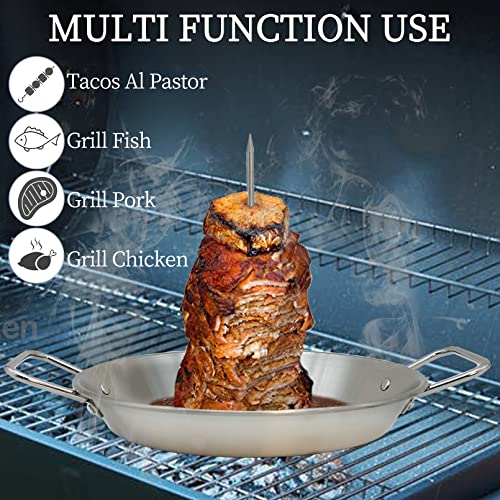Al Pastor Skewer for Grill, BBQ Vertical Stand Skewer Tacos Barbecue Hack Vertical Spit with 13" Base Pan for Shawarma-Grilling Accessory Brazilian Churrasco with 3 Spikes (8β, 10" and 12β)