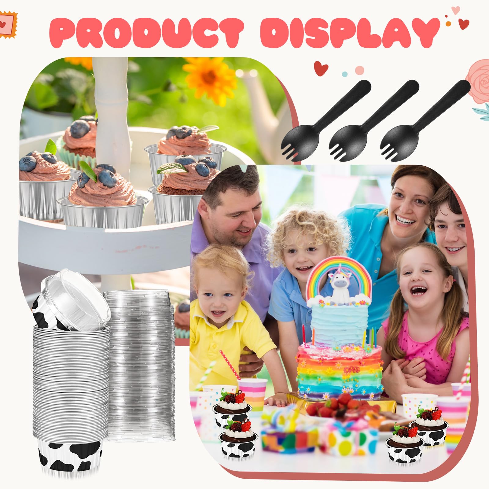 Uiifan 100 Pcs Aluminium Foil Baking Cups with Lids 5oz Cupcake Liners Disposable Ramekin Baking Cups Muffin Tins Cow Print Mini Pie Pans Cake Wrappers Containers with Spoon for Birthday Wedding Party