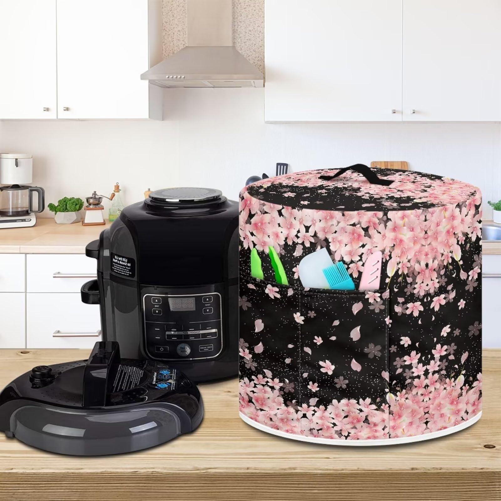 Annejudy Pink Cherry Blossom Kitchen Pressure Cooker Protector, Dust Cover for Small Appliances with Handles & Pockets, Lightweight Air Fryer Cover, Kitchen Small Appliance Accessories