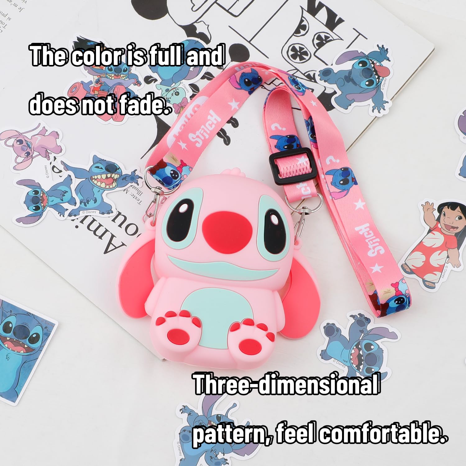 Cartoon Stitch Crossbody bag with Adjustable Shoulder Strap,Stitch 50s Sticker Set,Badge Wallet with Lanyard,Handbag with Zipper,Coin Money Pouch Bag (stitch-pink)