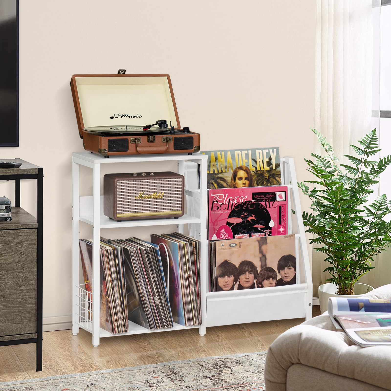 LELELINKY Record Player Table,Turntable Shelf with Vinyl Storage Up to 150 Albums,White Side Table with 3 Tier Magazine Periodical Book Rack,Wide Metal Record Holder Cabinet for Room Office