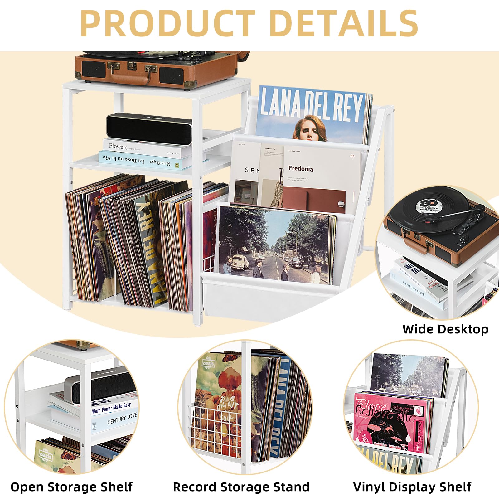 LELELINKY Record Player Table,Turntable Shelf with Vinyl Storage Up to 150 Albums,White Side Table with 3 Tier Magazine Periodical Book Rack,Wide Metal Record Holder Cabinet for Room Office