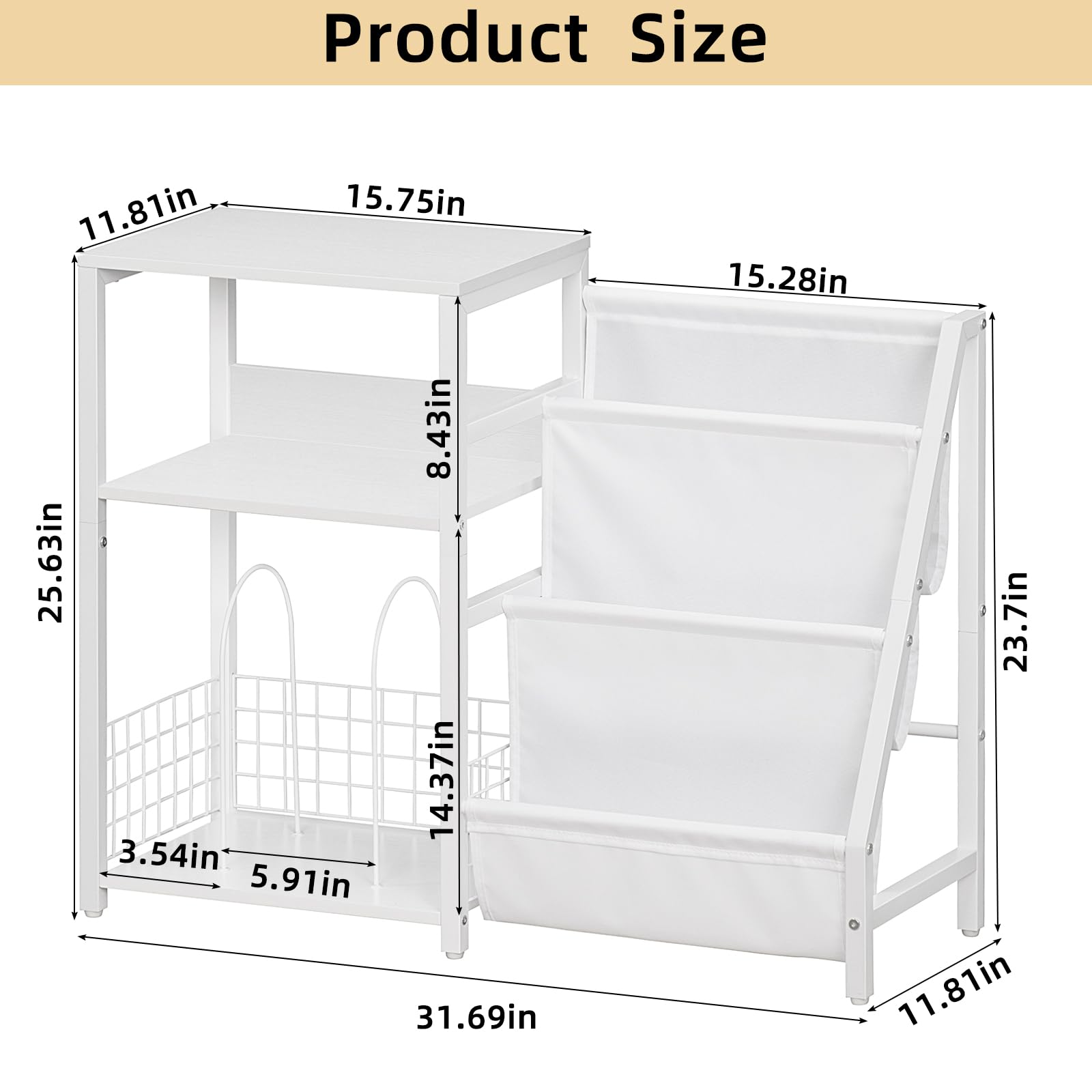 LELELINKY Record Player Table,Turntable Shelf with Vinyl Storage Up to 150 Albums,White Side Table with 3 Tier Magazine Periodical Book Rack,Wide Metal Record Holder Cabinet for Room Office
