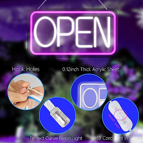LED Open Signs for Business Ultra Bright Lighted Sign Open neon 16.5“ × 9”with ON/OFF Switch adapter for store window display, Party Bar Salon Hotel (White & Pink)