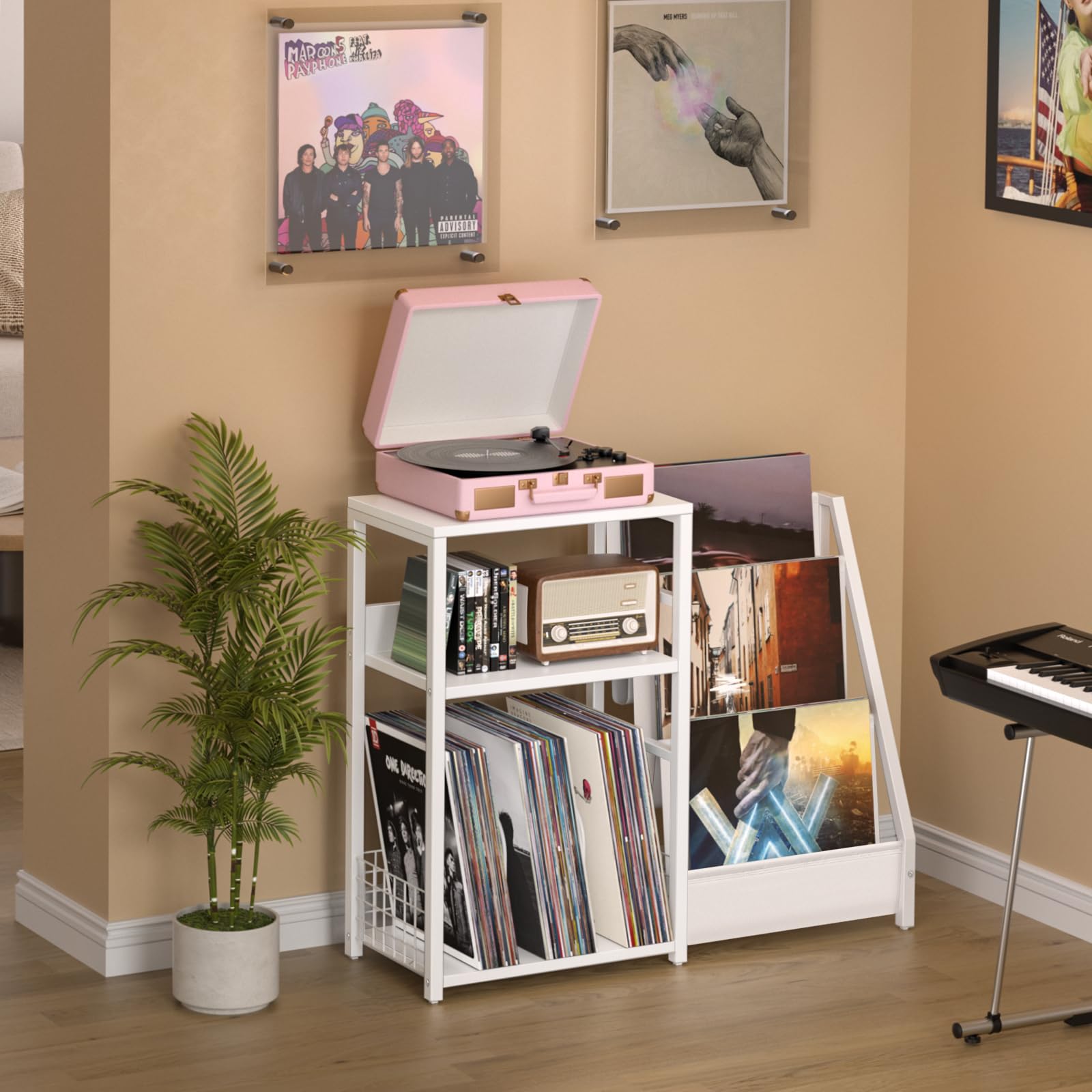 LELELINKY Record Player Table,Turntable Shelf with Vinyl Storage Up to 150 Albums,White Side Table with 3 Tier Magazine Periodical Book Rack,Wide Metal Record Holder Cabinet for Room Office