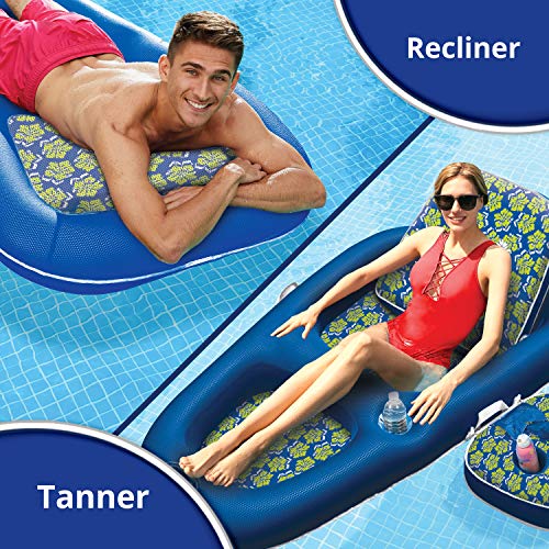 Aqua Campania Ultimate 2-in-1 Pool Float Lounge – Extra Large – Inflatable Pool Floats for Adults with Adjustable Backrest & Cupholder Caddy – Royal/Lime Hibiscus