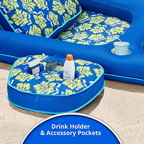 Aqua Campania Ultimate 2-in-1 Pool Float Lounge – Extra Large – Inflatable Pool Floats for Adults with Adjustable Backrest & Cupholder Caddy – Royal/Lime Hibiscus