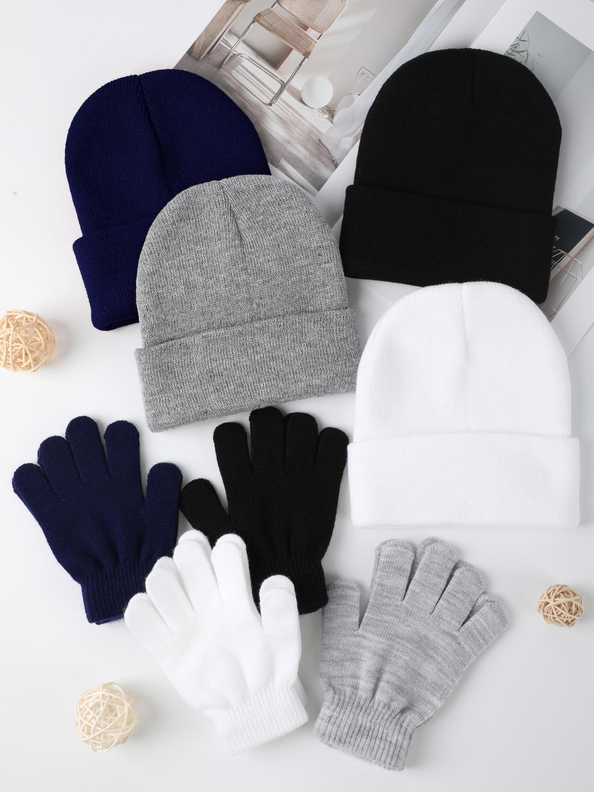 Gnodio 8 Pack Kids Beanie Hats and Gloves Set Kid's Knitted Beanies Hat Winter Gloves for Boys Girls