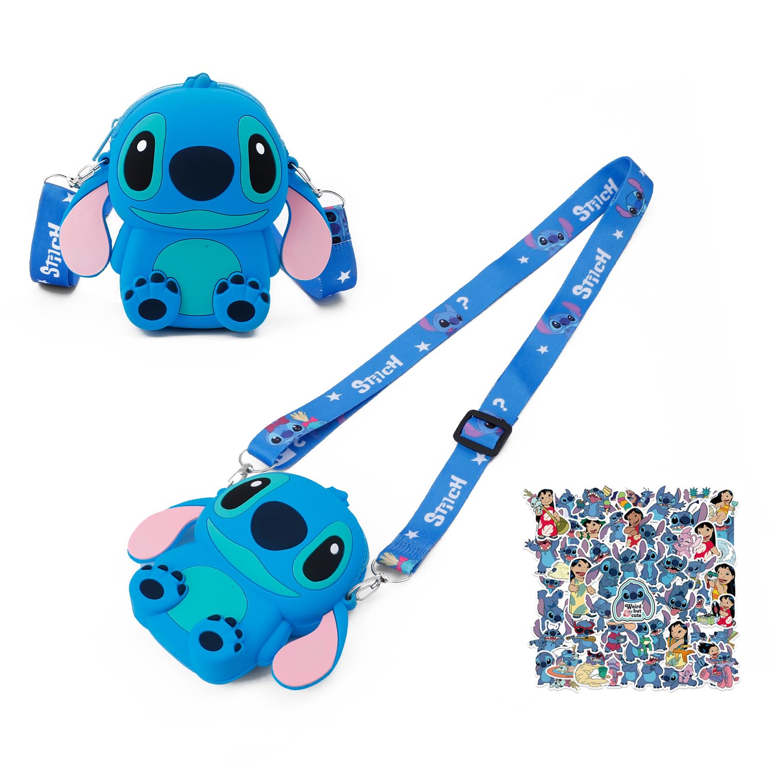 U-CHYTY Cartoon Stitch Crossbody bag with Adjustable Shoulder Strap,Stitch 50s Sticker,Badge Wallet with Lanyard,Coin Money Pouch Bag with Zipper (Stitch-blue)