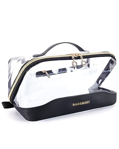 BAGSMART Makeup Bag Cosmetic Bag, Clear Travel Makeup Bag,Water-resistent Makeup Bags for Women Doram Room Essentials Portable Pouch Open Flat Make Up Organizer Bag for Toiletries, Brushes Black