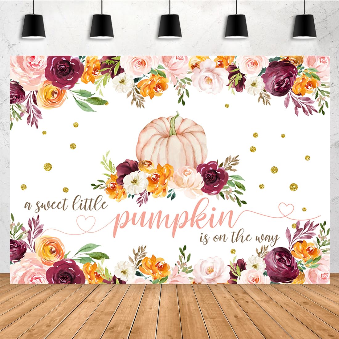 Aperturee 7x5ft Fall Pumpkin Baby Shower Backdrop Autumn Red Pink Yellow Floral Gold Glitter Photography Background A Sweet Pumpkin is On The Way Girl Princess Thanksgiving Photo Studio Booth Banner