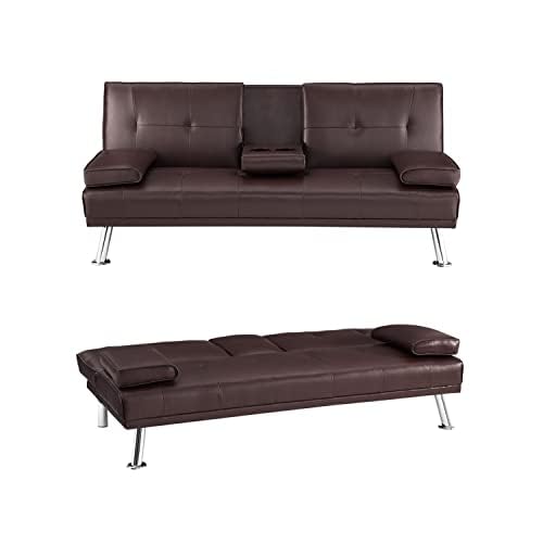 Naomi Home Transform Your Living Space with Comfort Espresso Futon Sofa Bed with Armrest, Cupholders, & Reclining Function, Ideal for Cozy Living Rooms! Sofa Bed Couch with Metal Legs, Faux Leather