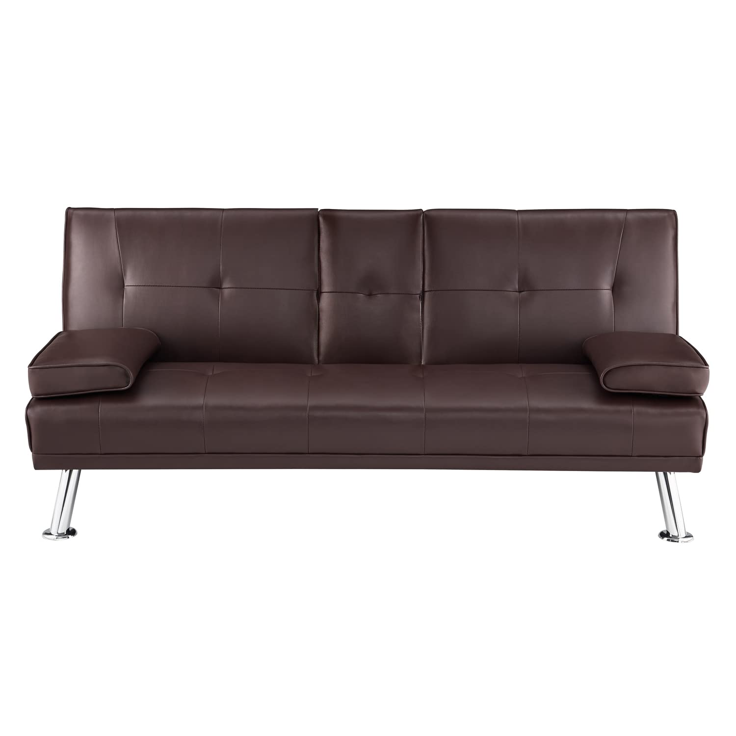 Naomi Home Transform Your Living Space with Comfort Espresso Futon Sofa Bed with Armrest, Cupholders, & Reclining Function, Ideal for Cozy Living Rooms! Sofa Bed Couch with Metal Legs, Faux Leather