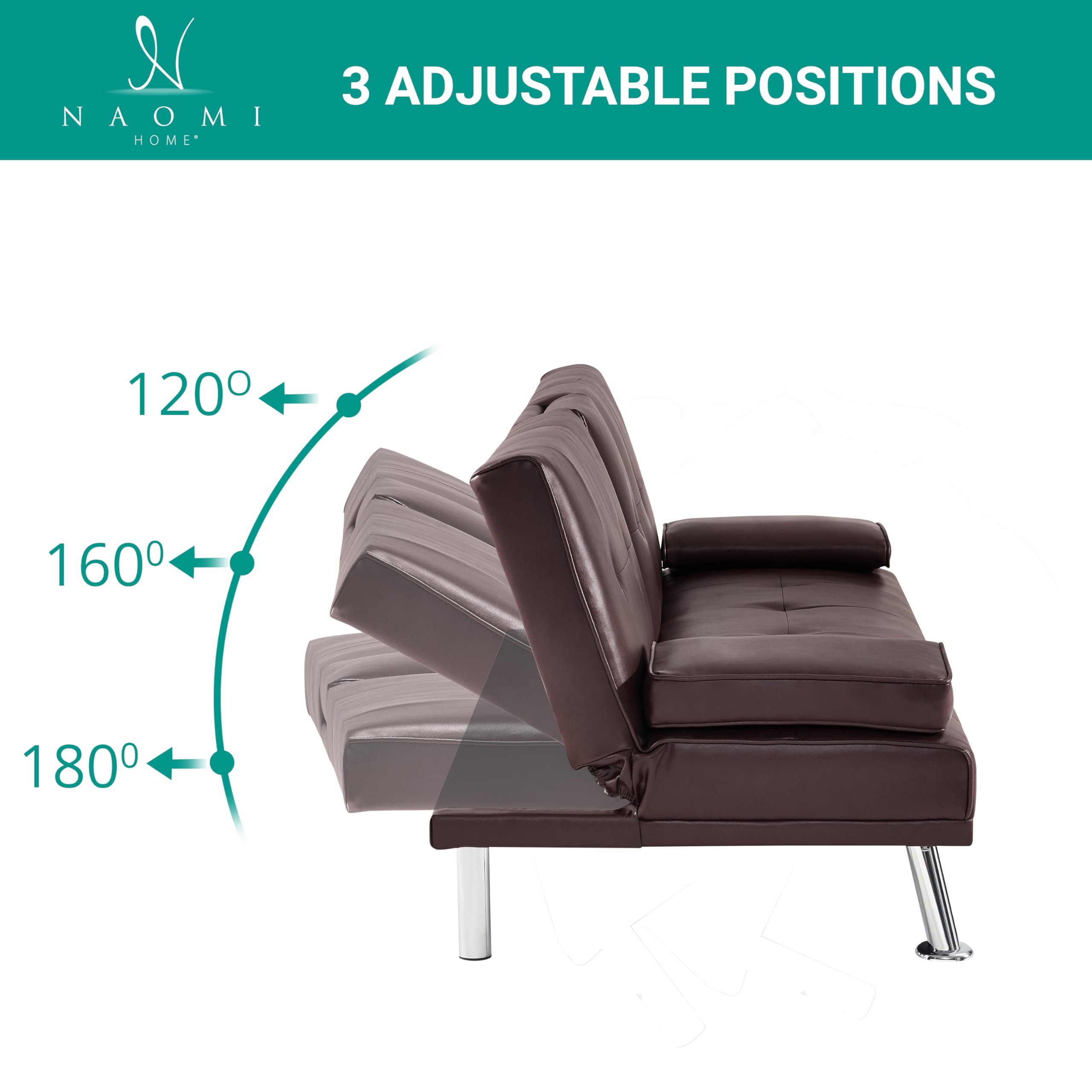 Naomi Home Transform Your Living Space with Comfort Espresso Futon Sofa Bed with Armrest, Cupholders, & Reclining Function, Ideal for Cozy Living Rooms! Sofa Bed Couch with Metal Legs, Faux Leather
