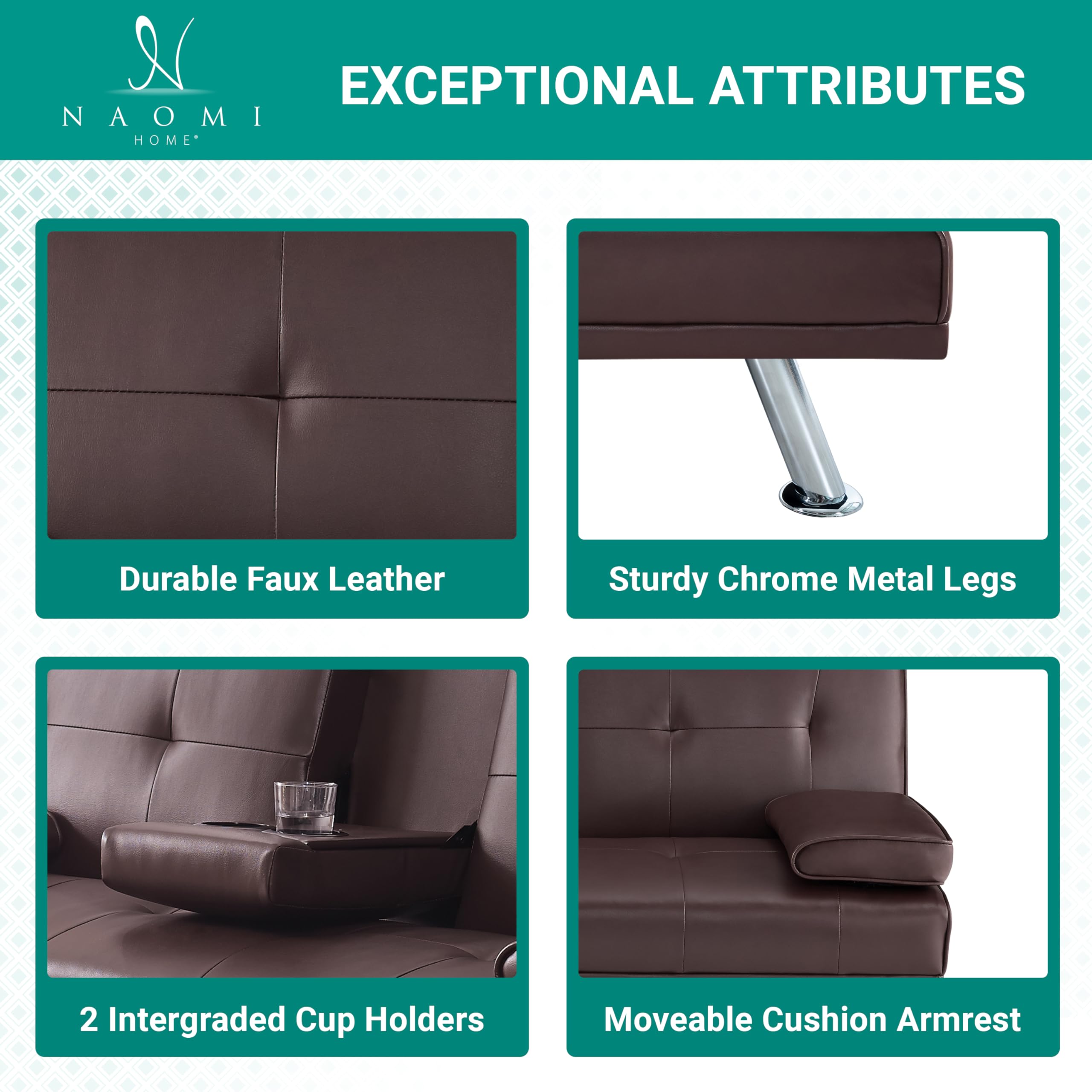 Naomi Home Transform Your Living Space with Comfort Espresso Futon Sofa Bed with Armrest, Cupholders, & Reclining Function, Ideal for Cozy Living Rooms! Sofa Bed Couch with Metal Legs, Faux Leather
