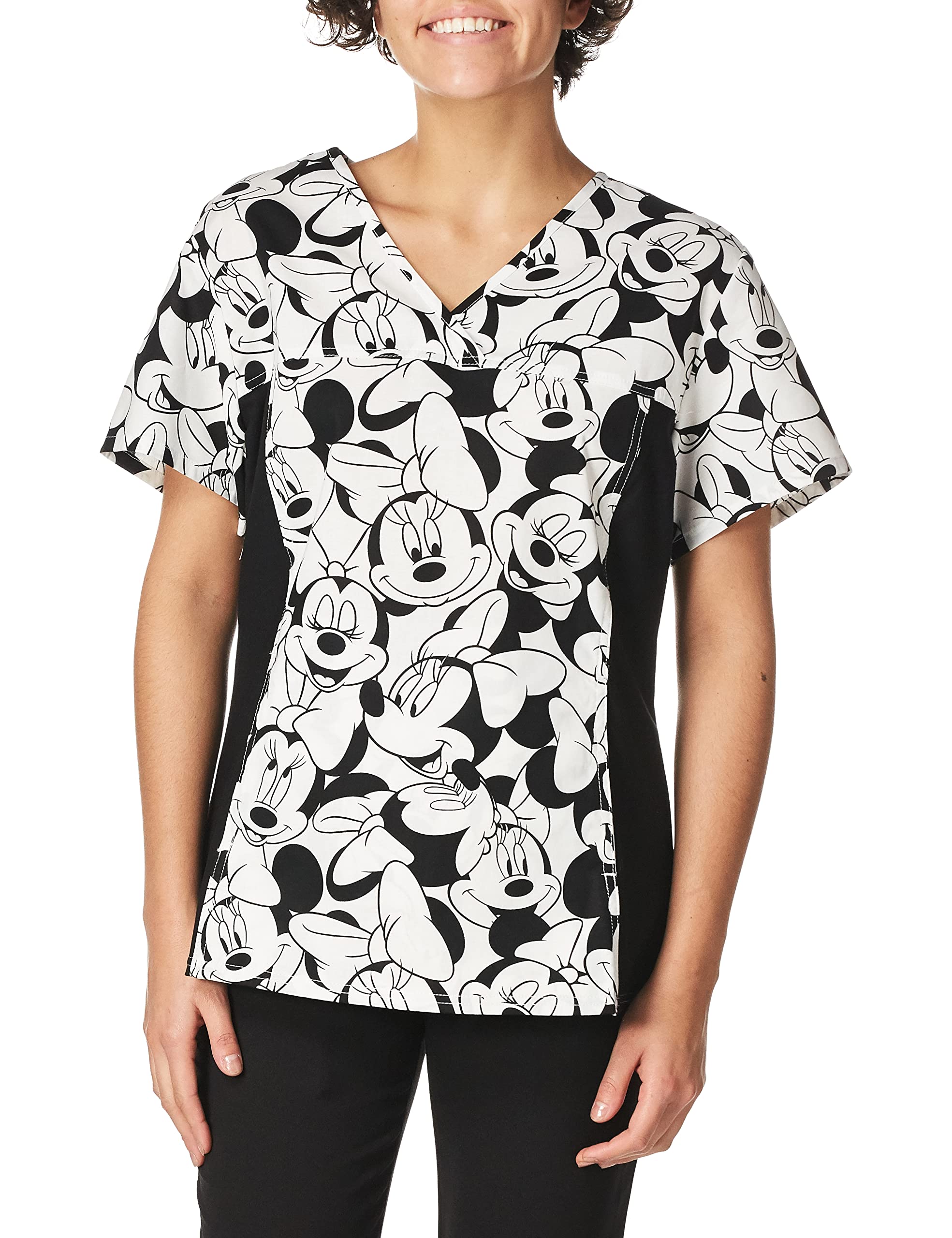 Disney Cherokee Women's V-Neck Knit Panel Top Big Minnie, Black, X-Large