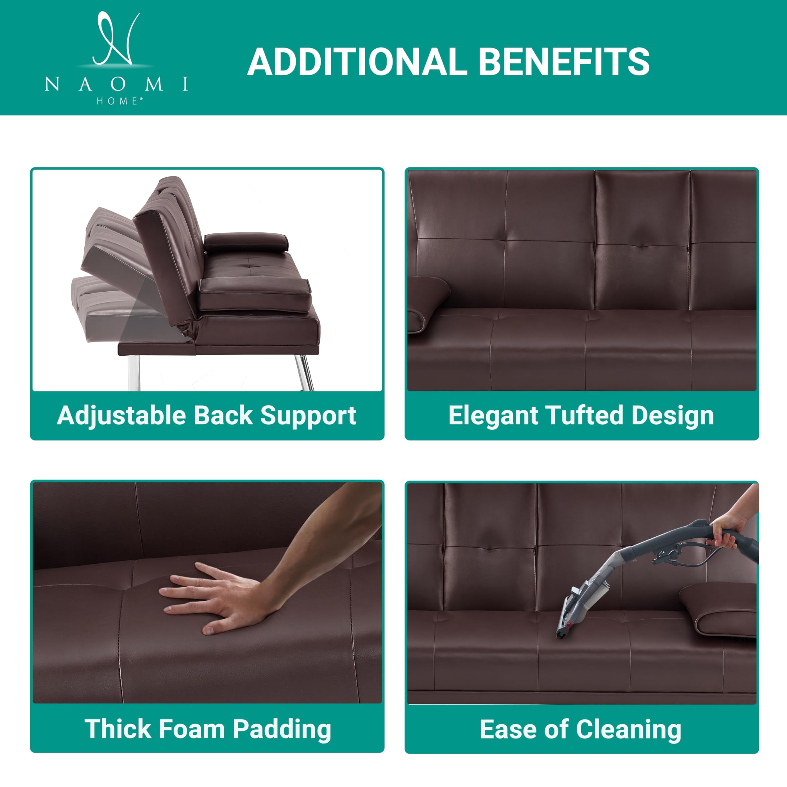 Naomi Home Transform Your Living Space with Comfort Espresso Futon Sofa Bed with Armrest, Cupholders, & Reclining Function, Ideal for Cozy Living Rooms! Sofa Bed Couch with Metal Legs, Faux Leather