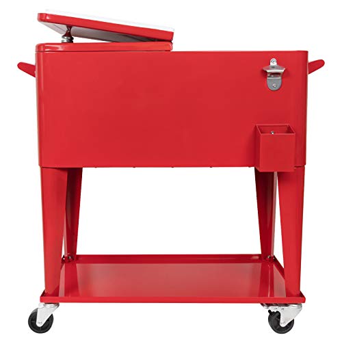 Rolling Ice Chest Cooler for Outdoor Patio Deck Party,80 Quart Ice Chest with Wheels,Portable Party Bar Cold Drink Beverage Cart,Backyard Cooler Trolley on Wheels with Shelf,Bottle Opener,Red