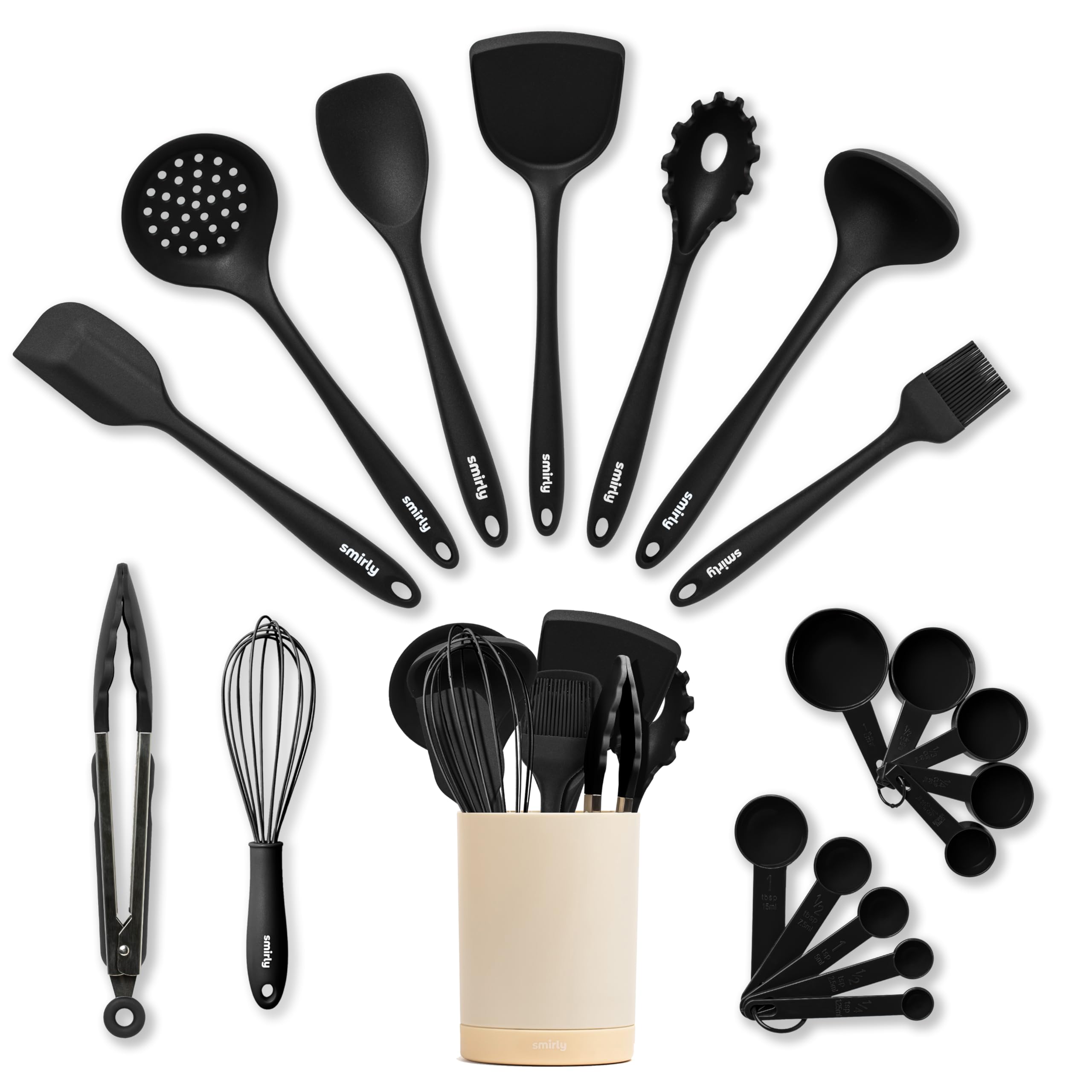 Silicone Kitchen Utensils Set & Holder: Cooking Utensils Set - Kitchen Essentials for New Home & 1st Apartment- Silicone Spatula Set, Cooking Spoons for Nonstick Cookware (Silicone, Black)