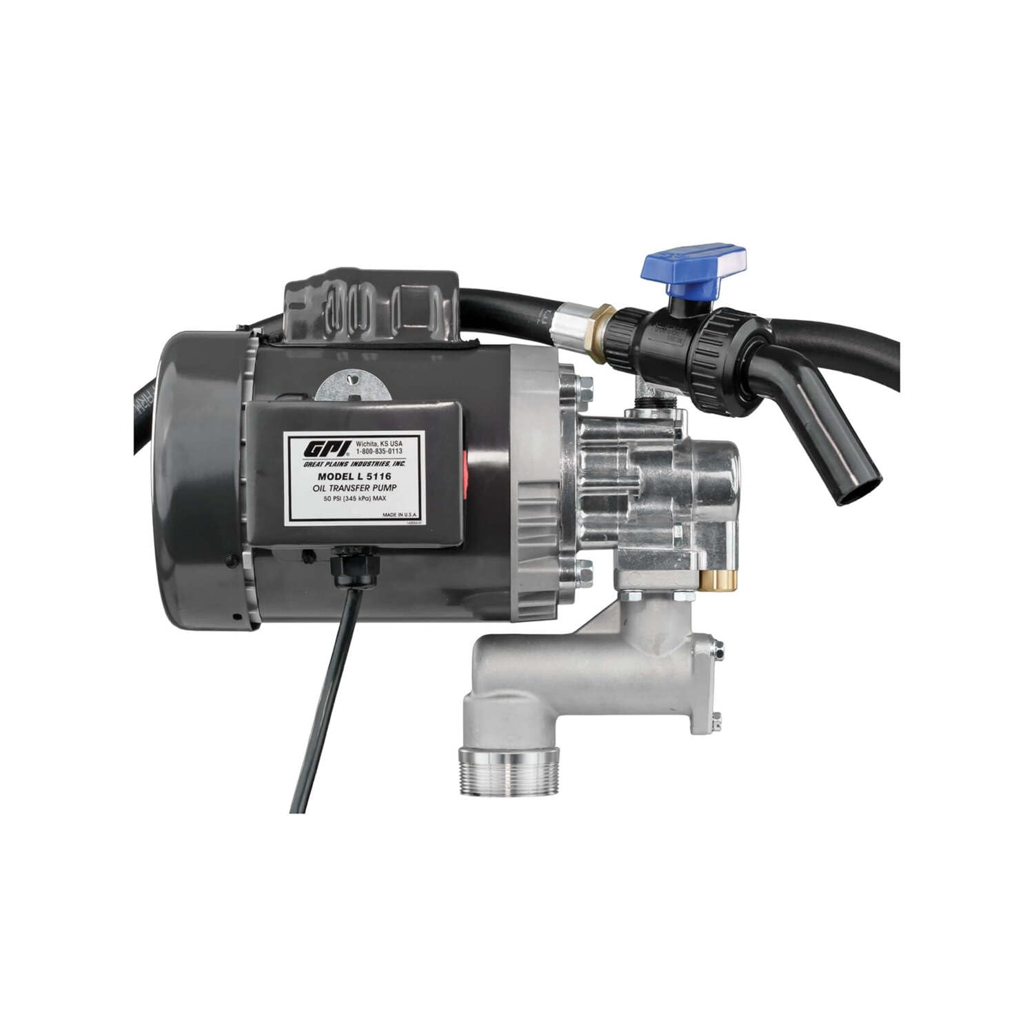 GPI - L5116 High Viscosity Oil Pump, 16 QPM, 115V/230AC Oil Transfer Pump for Viscous Fluids that Features a 0.75ā Ball Valve Nozzle, 8 Foot Hose, 3 Foot Power Cord with Three-Prong Plug (142100-01)