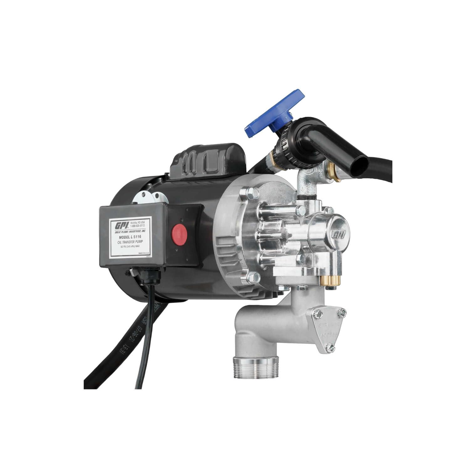 GPI - L5116 High Viscosity Oil Pump, 16 QPM, 115V/230AC Oil Transfer Pump for Viscous Fluids that Features a 0.75โ Ball Valve Nozzle, 8 Foot Hose, 3 Foot Power Cord with Three-Prong Plug (142100-01)