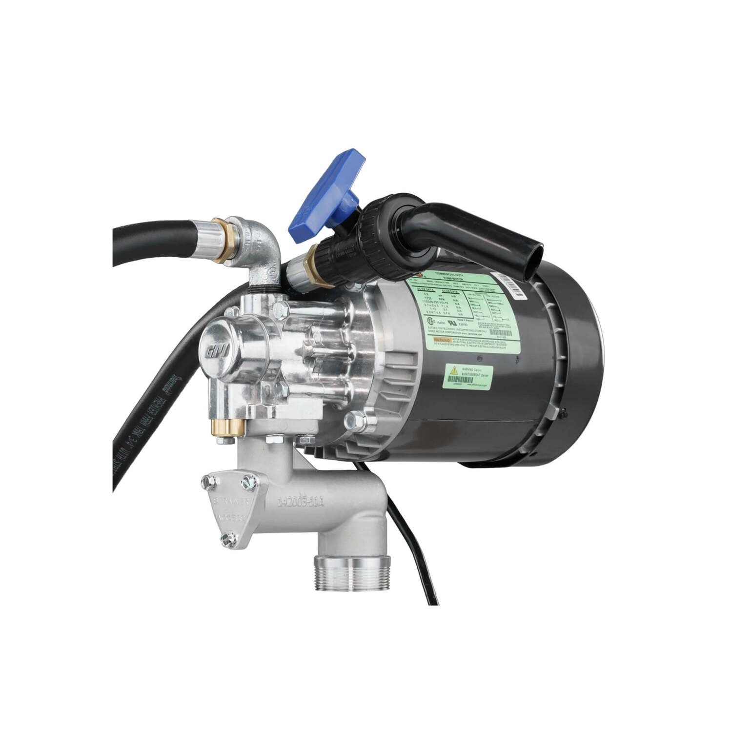GPI - L5116 High Viscosity Oil Pump, 16 QPM, 115V/230AC Oil Transfer Pump for Viscous Fluids that Features a 0.75โ Ball Valve Nozzle, 8 Foot Hose, 3 Foot Power Cord with Three-Prong Plug (142100-01)