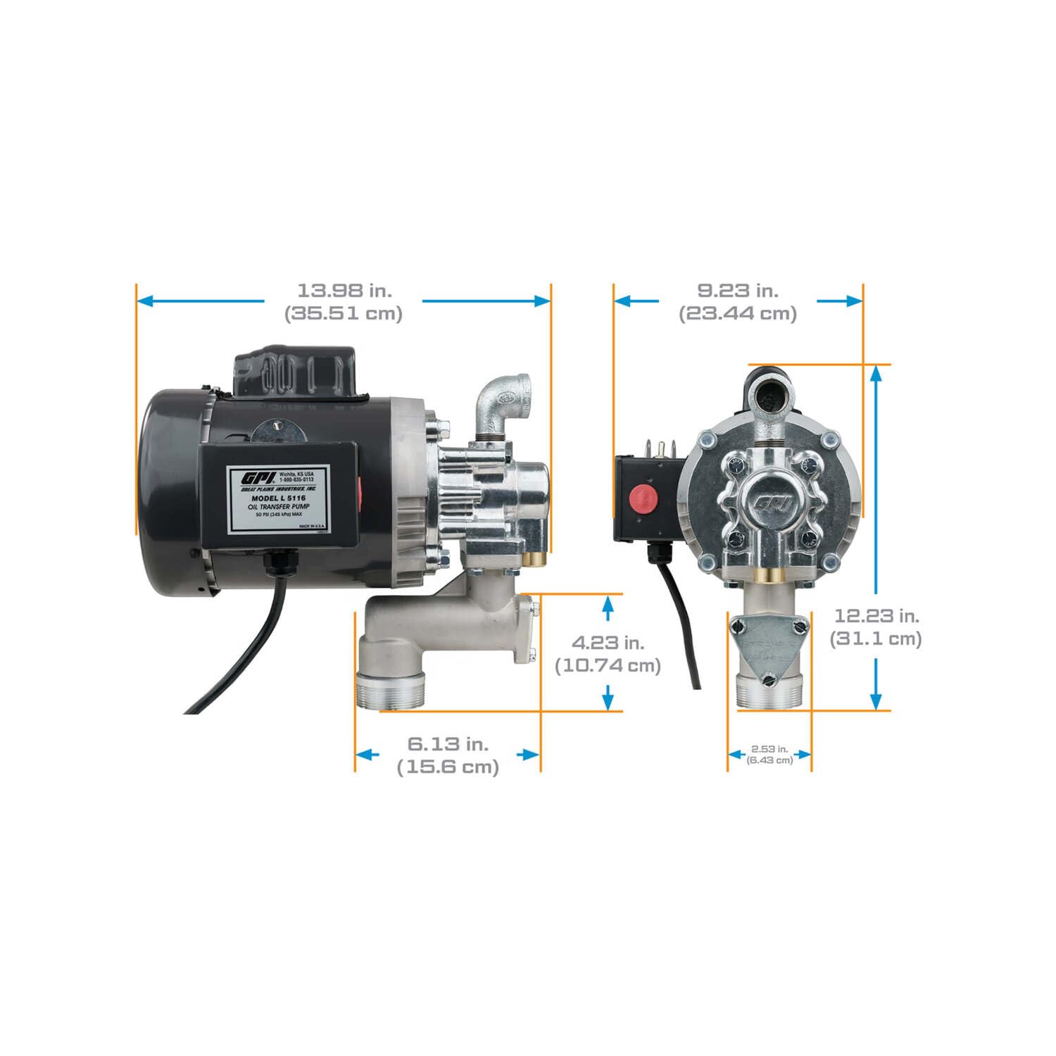 GPI - L5116 High Viscosity Oil Pump, 16 QPM, 115V/230AC Oil Transfer Pump for Viscous Fluids that Features a 0.75โ Ball Valve Nozzle, 8 Foot Hose, 3 Foot Power Cord with Three-Prong Plug (142100-01)