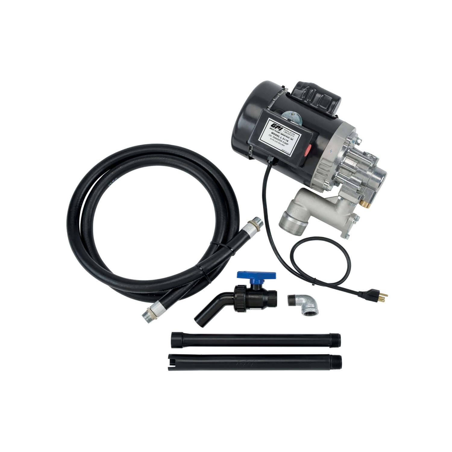 GPI - L5116 High Viscosity Oil Pump, 16 QPM, 115V/230AC Oil Transfer Pump for Viscous Fluids that Features a 0.75โ Ball Valve Nozzle, 8 Foot Hose, 3 Foot Power Cord with Three-Prong Plug (142100-01)