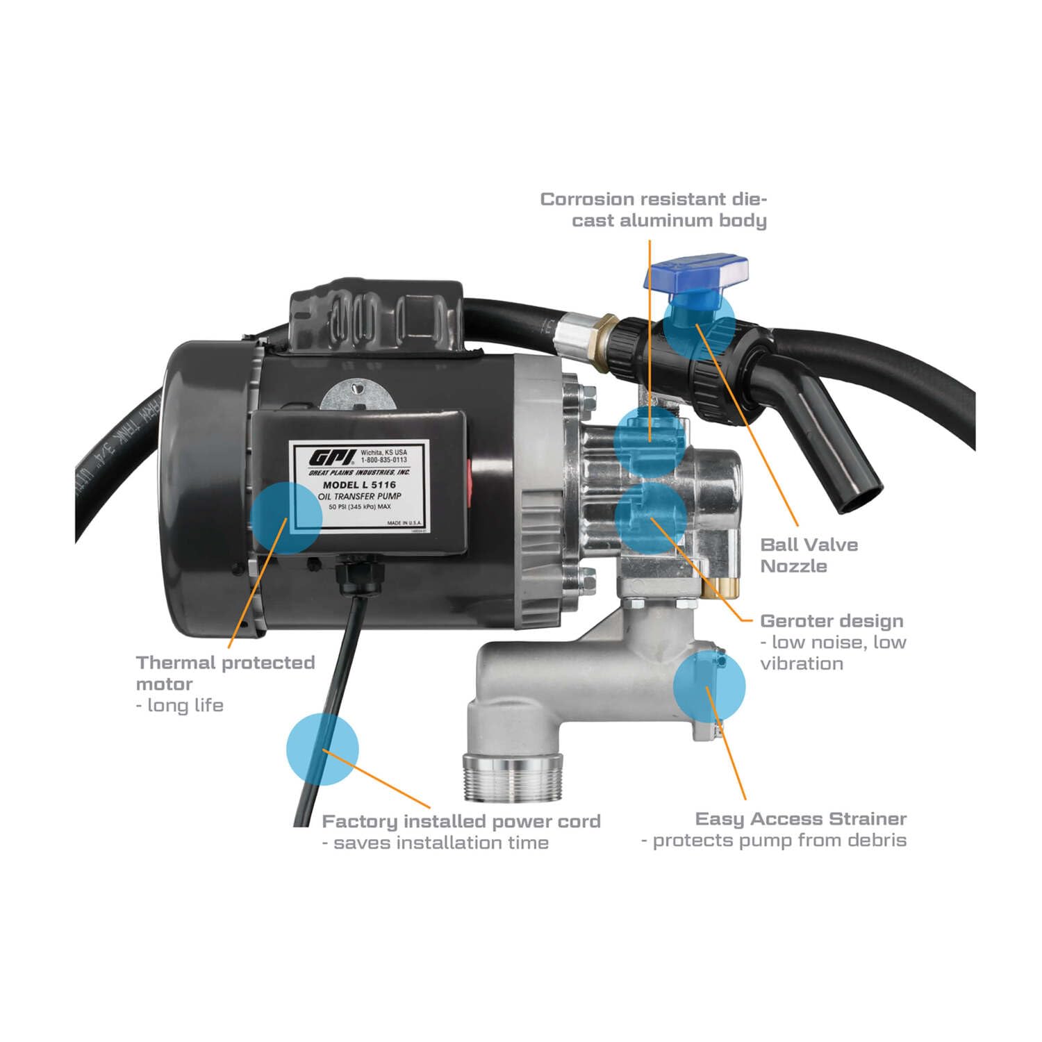 GPI - L5116 High Viscosity Oil Pump, 16 QPM, 115V/230AC Oil Transfer Pump for Viscous Fluids that Features a 0.75โ Ball Valve Nozzle, 8 Foot Hose, 3 Foot Power Cord with Three-Prong Plug (142100-01)